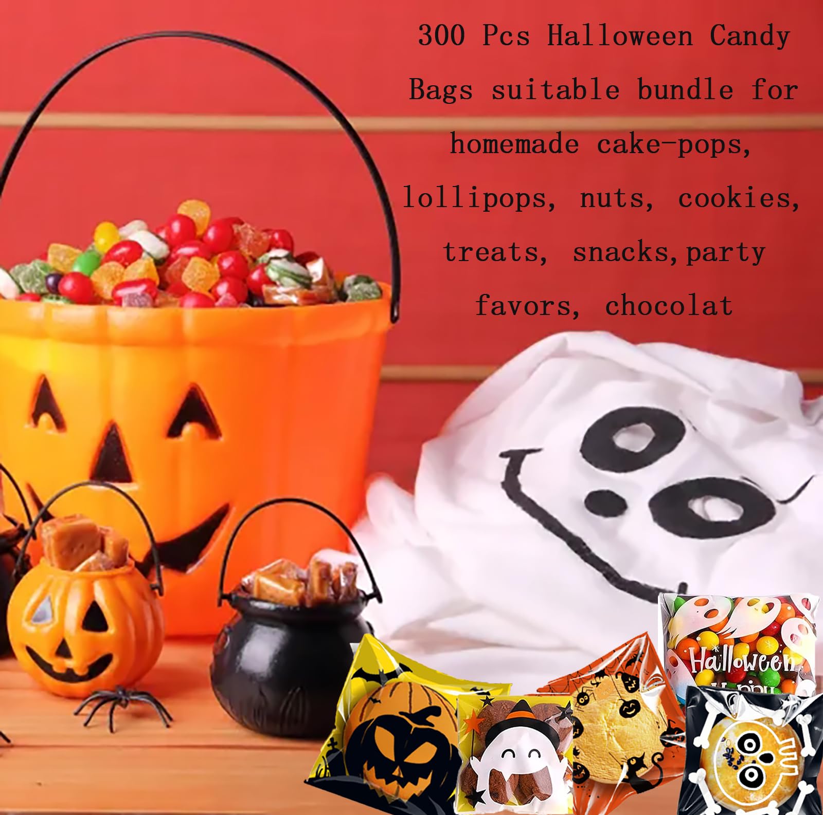 YVPSI 300pcs Halloween Treat Bags self Adhesive Candy Bag Halloween Cellophane Cookie Bags Halloween Goody Bags Snacks Gift Bags for Kids Halloween Candy Party Favors