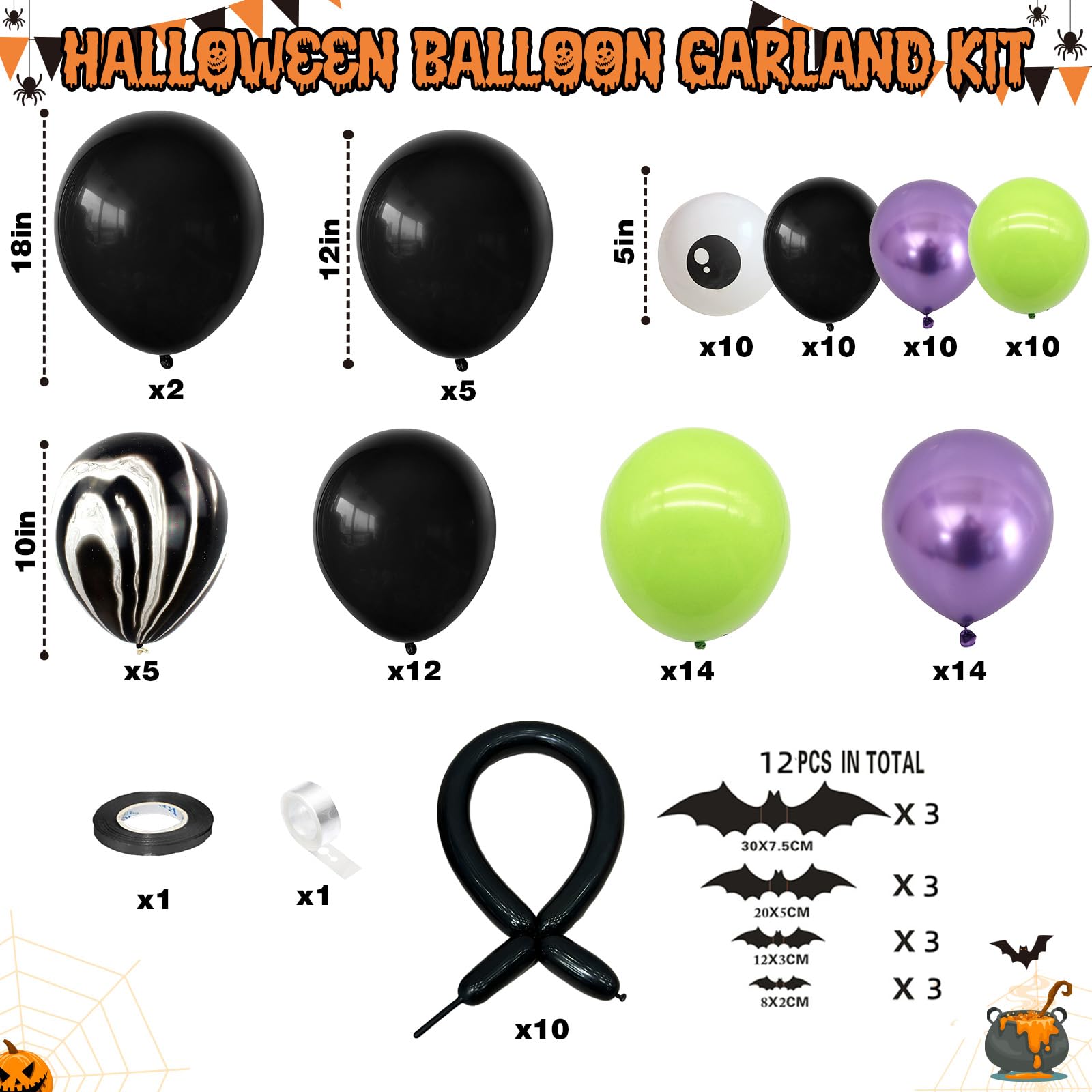 Halloween Balloons Garland Arch Kit Black Purple Green Lime Fruit Green Latex Balloon Metallic Purple Agate Black Long Balloons White Eye Balloons for Halloween Spider Party Decorations