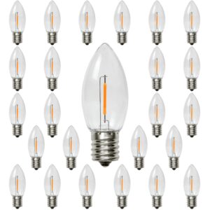 25 pack c9 led christmas light bulb, c9 led replacement bulb for christmas string lights, e17 intermediate base, 2200k warm white, commercial grade holiday clear ‎plastic bulbs dimmable shatterproof