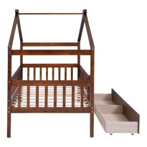 Harper & Bright Designs Twin Size House Bed for Kids, Wooden Twin Bed Frame with 2 Storage Drawers, Twin Montessori Bed with Roof & Rails Design for Girls Boys, Walnut