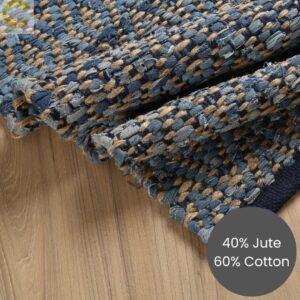 Comfy-co Area Rug Jute Denim Floor Rug 3x5 ft - Hand-Woven Area Rug Farmhouse Rustic - Anti Skid Floor Rug for Bedroom Living Room Kitchen Dorm Entryway Hallway - Area Rug Jute Denim