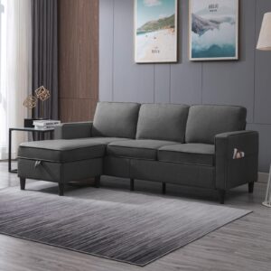 balus 78" w convertible combination sofa, l-shaped sofa, linen couch with reversible storage ottoman, living room small space apartment (dark grey)