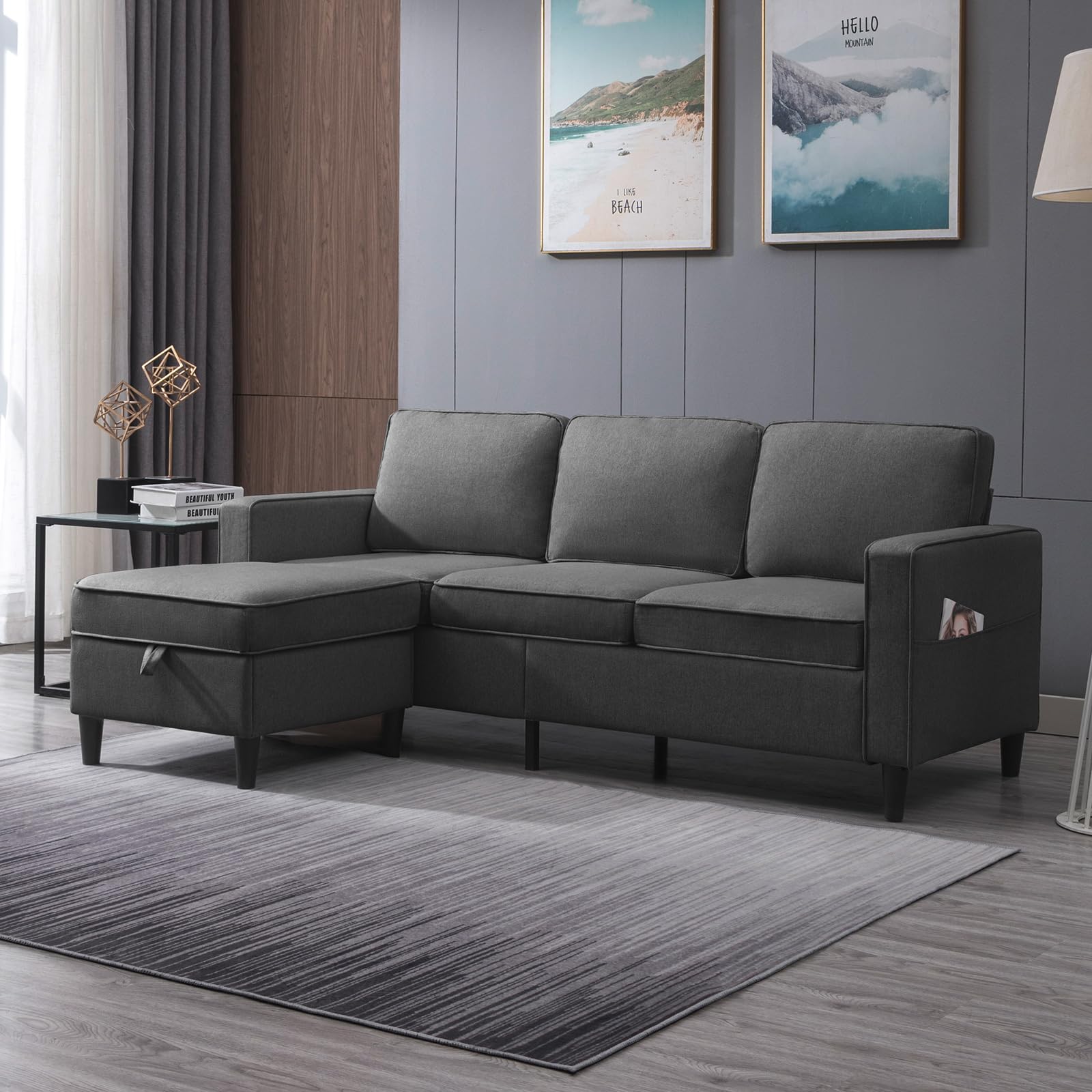 BALUS 78" W Convertible Combination Sofa, L-Shaped Sofa, Linen Couch with Reversible Storage Ottoman, Living Room Small Space Apartment (Dark Grey)