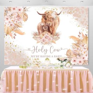 Ayayiya Boho Holy Cow Baby Shower Backdrop Highland Cow We are Having A Baby Bohemian Pink Floral Pampa Grass Photography Background Farm Animal Baby Shower Party Decorations Banner Supplies 5x3ft