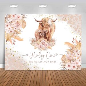 ayayiya boho holy cow baby shower backdrop highland cow we are having a baby bohemian pink floral pampa grass photography background farm animal baby shower party decorations banner supplies 5x3ft