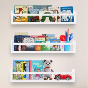 azsky nursery bookshelves white, 24 inch floating bookshelves for wall set of 3, baby kids decor, solid wood wall mounted shelves for books, toys and decor storage