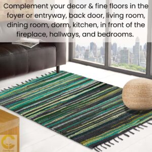 Comfy-co Handcrafted Area Rug Chindi Rug 3x5 ft - Hand-Woven Cotton Area Rag Rug - Reversible Floor Rug for Bedroom Living Room Kitchen Dorm Entryway Hallway - Chindi Area Rug Green Multi