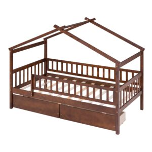 Harper & Bright Designs Twin Size House Bed for Kids, Wooden Twin Bed Frame with 2 Storage Drawers, Twin Montessori Bed with Roof & Rails Design for Girls Boys, Walnut