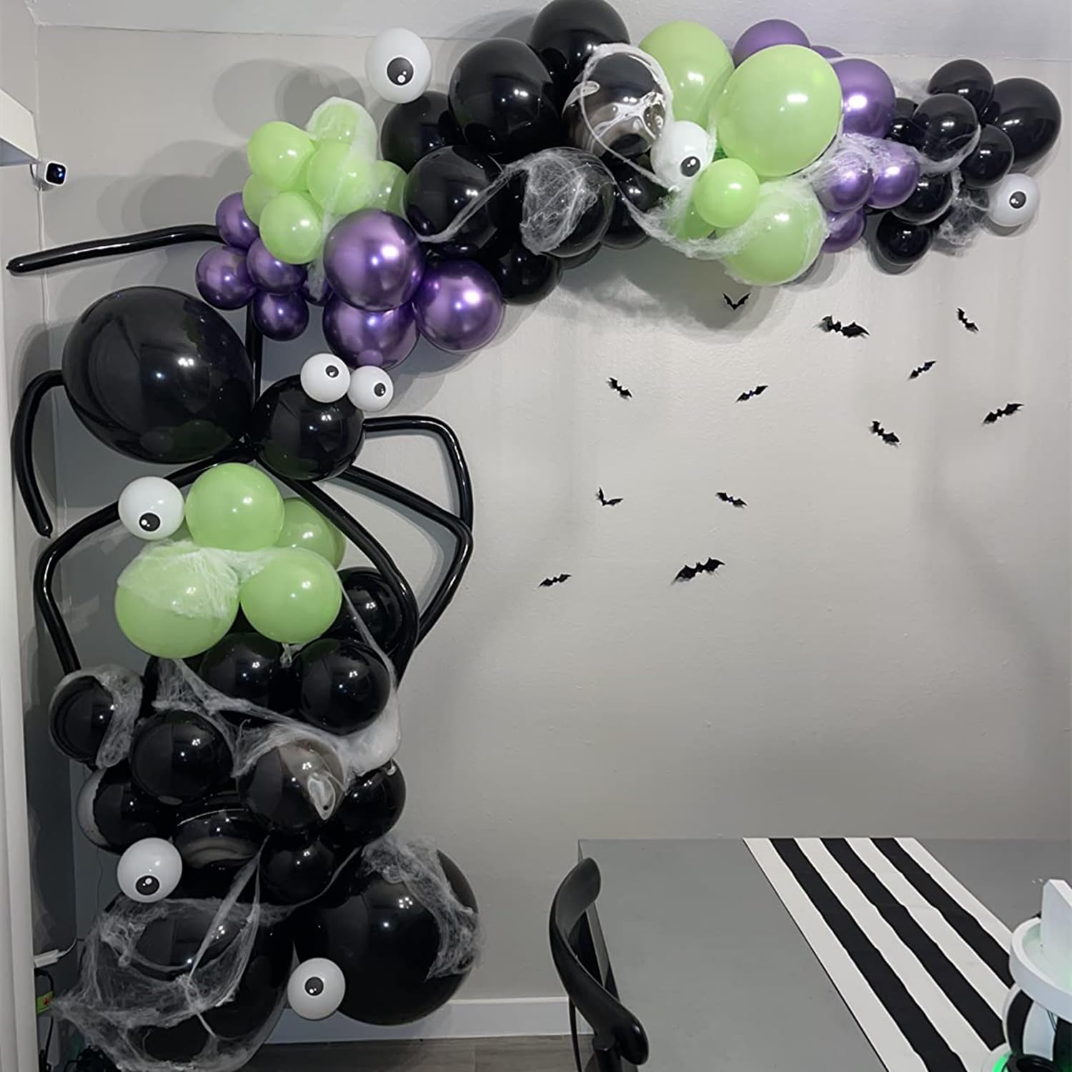 Halloween Balloons Garland Arch Kit Black Purple Green Lime Fruit Green Latex Balloon Metallic Purple Agate Black Long Balloons White Eye Balloons for Halloween Spider Party Decorations