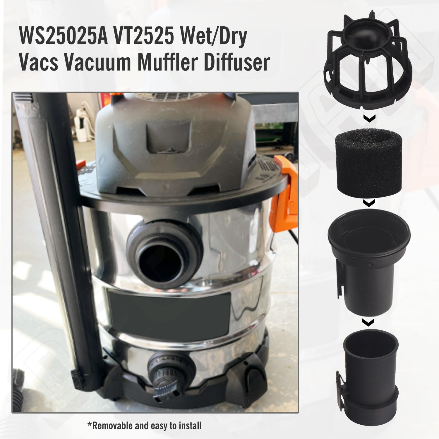 DECKMAN WS25025A VT2525 Wet/Dry Vacs Vacuum Muffler Diffuser - 2-1/2-Inch Diffuser Shop Vacuum Attachment for Most Shop Vacuums - Reduces Blown Debris and Dust - Black