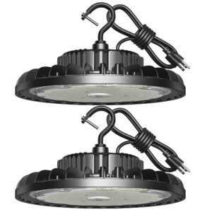 shinewoo led high bay light 150w 21,000lm 5000k daylight 600w mh/hps equivalent with us plug 5’ cable waterproof ufo commercial warehouse workshop garage factory area lighting fixture, 2 pack