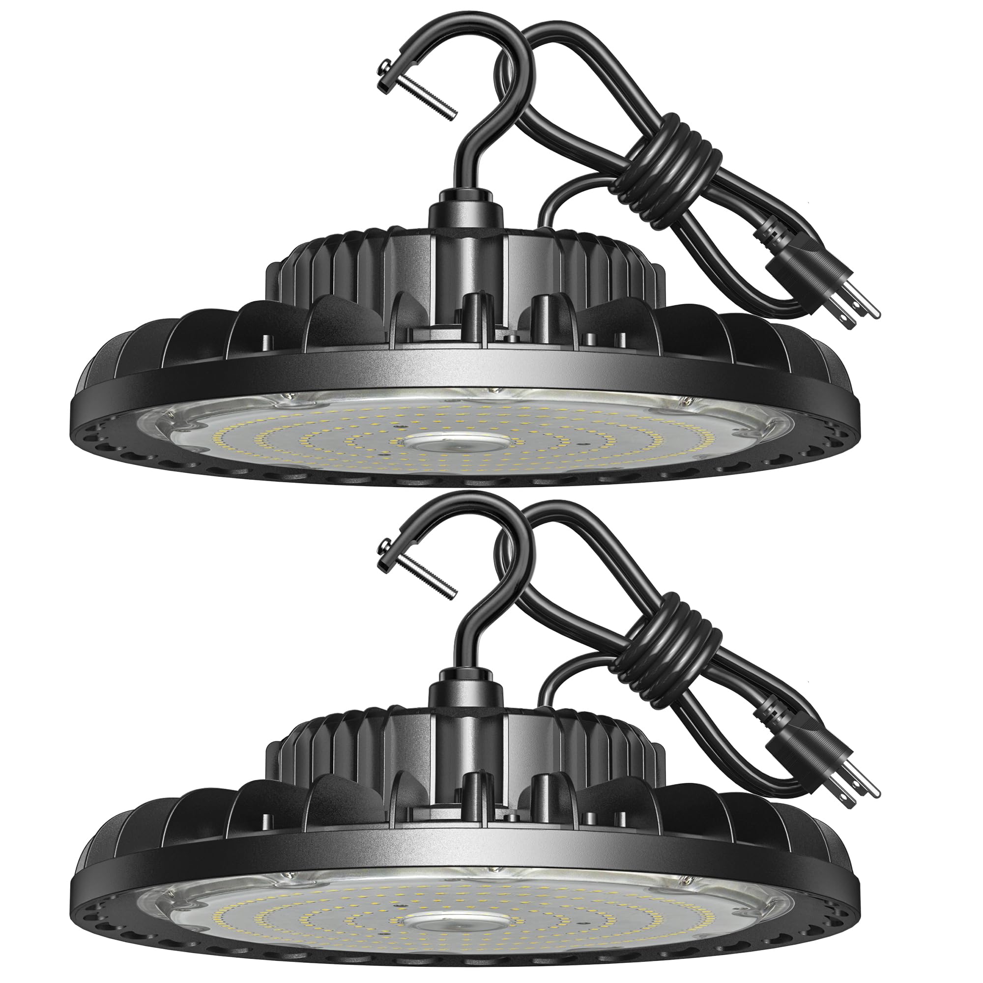 SHINEWOO LED High Bay Light 150W 21,000lm 5000K Daylight 600W MH/HPS Equivalent with US Plug 5’ Cable Waterproof UFO Commercial Warehouse Workshop Garage Factory Area Lighting Fixture, 2 Pack