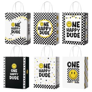 yeaqee 24 pcs one happy dude party favor bags 1st birthday party decoration smile face paper gift bags one happy dude goodie treat candy bag for one happy dude birthday party supplies(handles style)