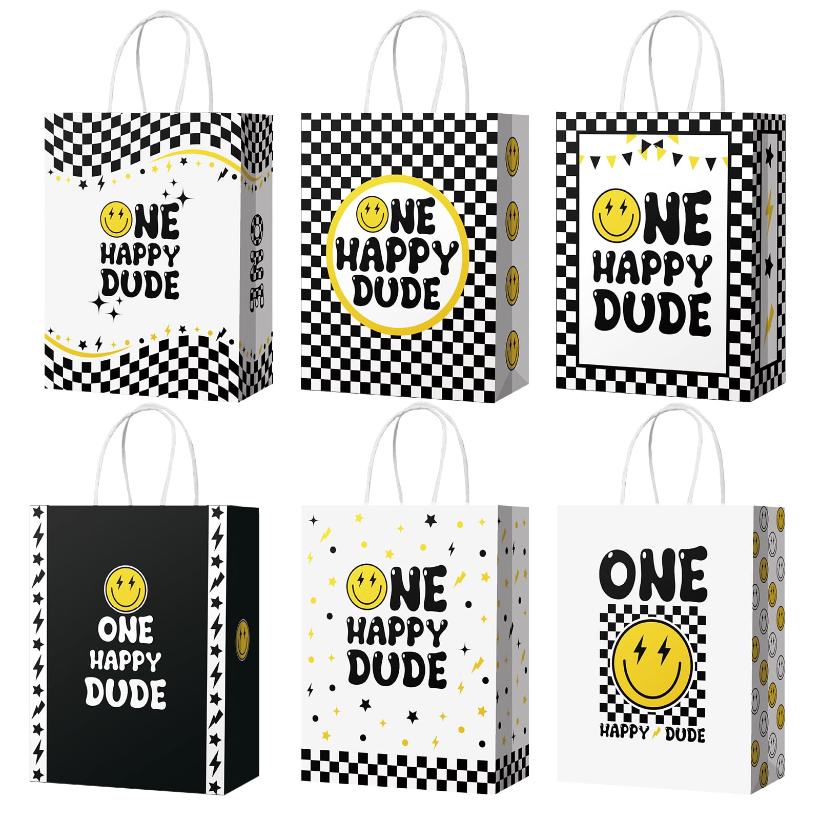 Yeaqee 24 Pcs One Happy Dude Party Favor Bags 1st Birthday Party Decoration Smile Face Paper Gift Bags One Happy Dude Goodie Treat Candy Bag for One Happy Dude Birthday Party Supplies(Handles Style)