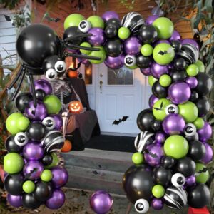 Halloween Balloons Garland Arch Kit Black Purple Green Lime Fruit Green Latex Balloon Metallic Purple Agate Black Long Balloons White Eye Balloons for Halloween Spider Party Decorations