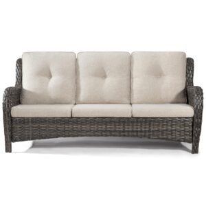 joyside outdoor patio couch wicker sofa - 3 seater rattan sofa for outside patio garden with deep seating and olefin cushions(mixed grey/beige)