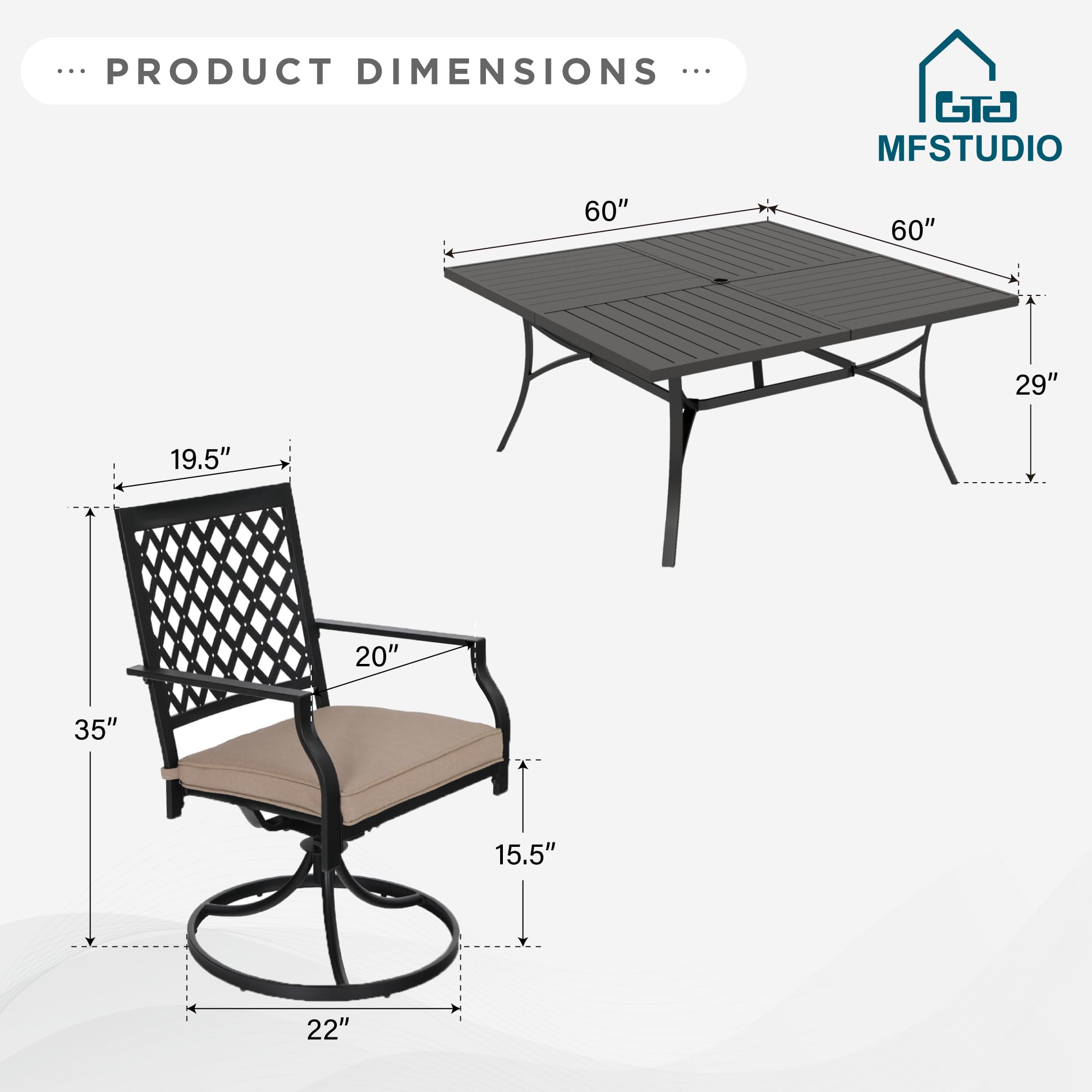 MFSTUDIO 9 PCS Patio Dining Set with Large Square Metal Slat Dining Table and 8 Swivel Metal Chair with Cushion, All Weather Outdoor Furniture for Lawn Backyard Garden