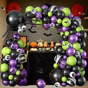 Halloween Balloons Garland Arch Kit Black Purple Green Lime Fruit Green Latex Balloon Metallic Purple Agate Black Long Balloons White Eye Balloons for Halloween Spider Party Decorations