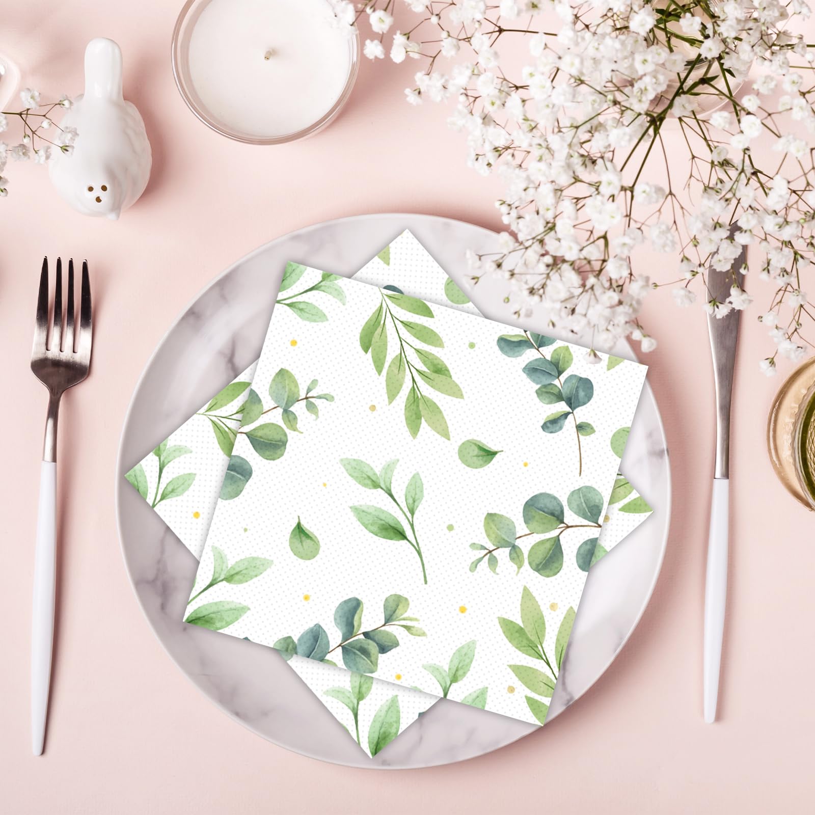 100PCS Eucalyptus Napkins Greenery Disposable Decorative Guest Papers for Wedding Green Foliage Eucalyptus Leaf Theme Luncheons Dinners Supplies for Bridal Shower Birthday Party Decoration