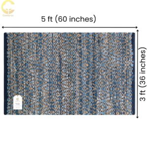 Comfy-co Area Rug Jute Denim Floor Rug 3x5 ft - Hand-Woven Area Rug Farmhouse Rustic - Anti Skid Floor Rug for Bedroom Living Room Kitchen Dorm Entryway Hallway - Area Rug Jute Denim