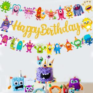 Monster Happy Birthday Banner Monster Bash Birthday Party Supplies Glitter Little Monster Birthday Banner Decorations for Kids Little Monster Theme Birthday Party Baby Shower Birthday Banner Supplies