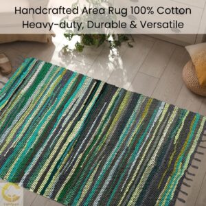 Comfy-co Handcrafted Area Rug Chindi Rug 3x5 ft - Hand-Woven Cotton Area Rag Rug - Reversible Floor Rug for Bedroom Living Room Kitchen Dorm Entryway Hallway - Chindi Area Rug Green Multi