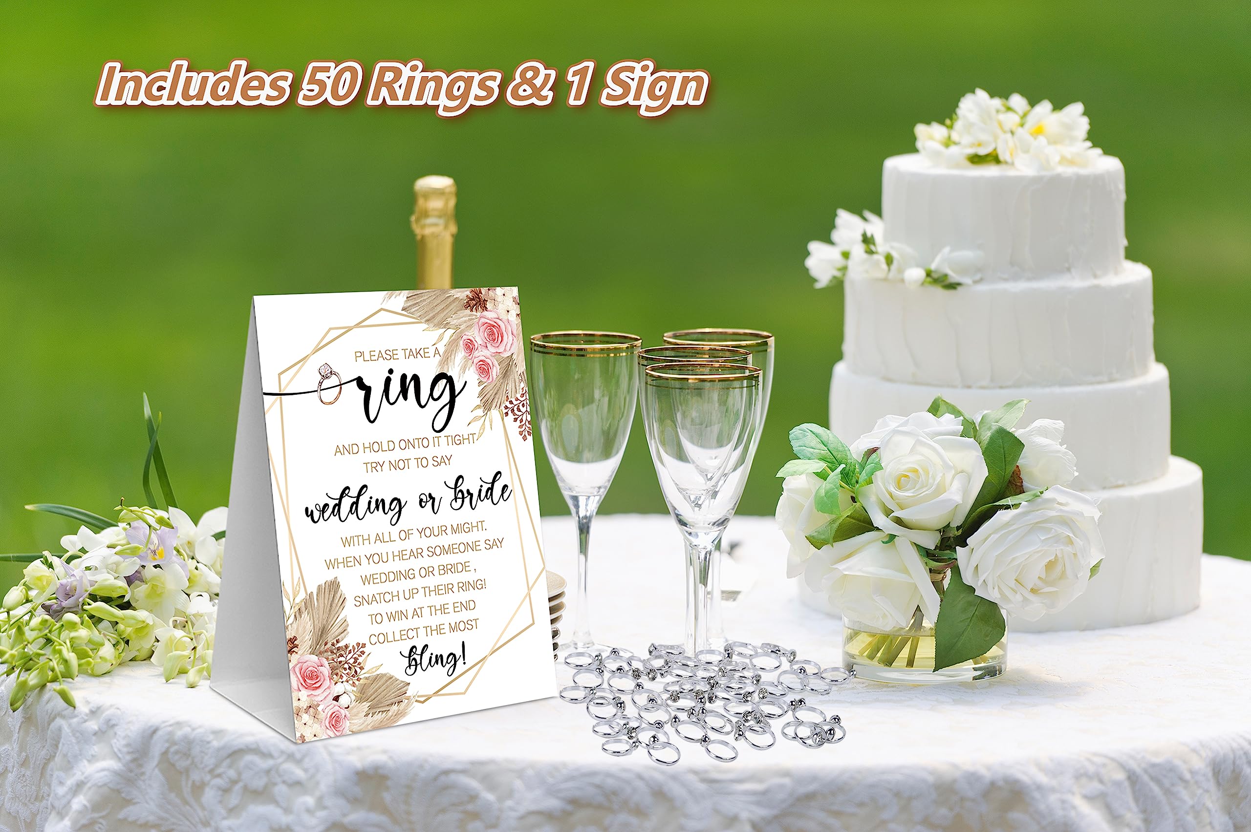 Pampas Grass Boho Bridal Shower Theme Decorations,Put A Ring On It Game,Don't Say Bride Games,Wedding Shower,Engagement Party Games(1 Sign And 50 Plastic Diamond Rings)-8