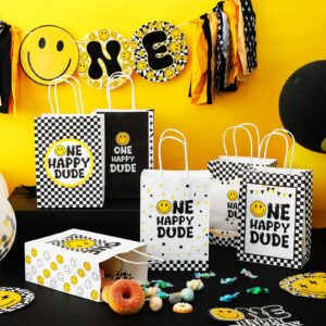 Yeaqee 24 Pcs One Happy Dude Party Favor Bags 1st Birthday Party Decoration Smile Face Paper Gift Bags One Happy Dude Goodie Treat Candy Bag for One Happy Dude Birthday Party Supplies(Handles Style)