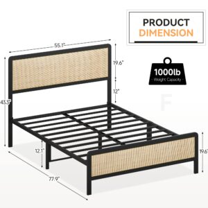 Amyove Full Size Bed Frame with Natural Rattan Headboard, Bohemian Platform Bed Frame with Strong Metal Slats Support, Boho Cane/Mattress Foundation/No Box Spring Needed