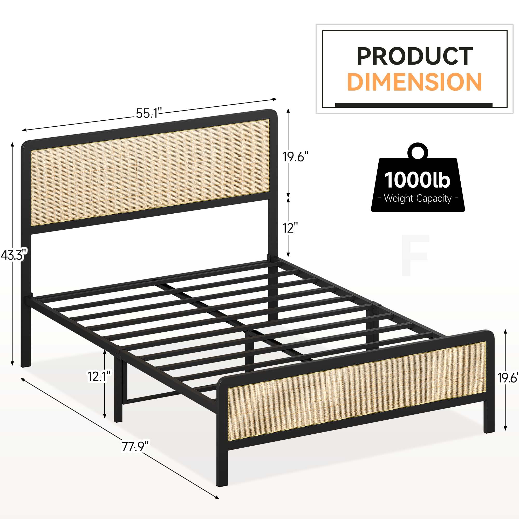 Amyove Full Size Bed Frame with Natural Rattan Headboard, Bohemian Platform Bed Frame with Strong Metal Slats Support, Boho Cane/Mattress Foundation/No Box Spring Needed