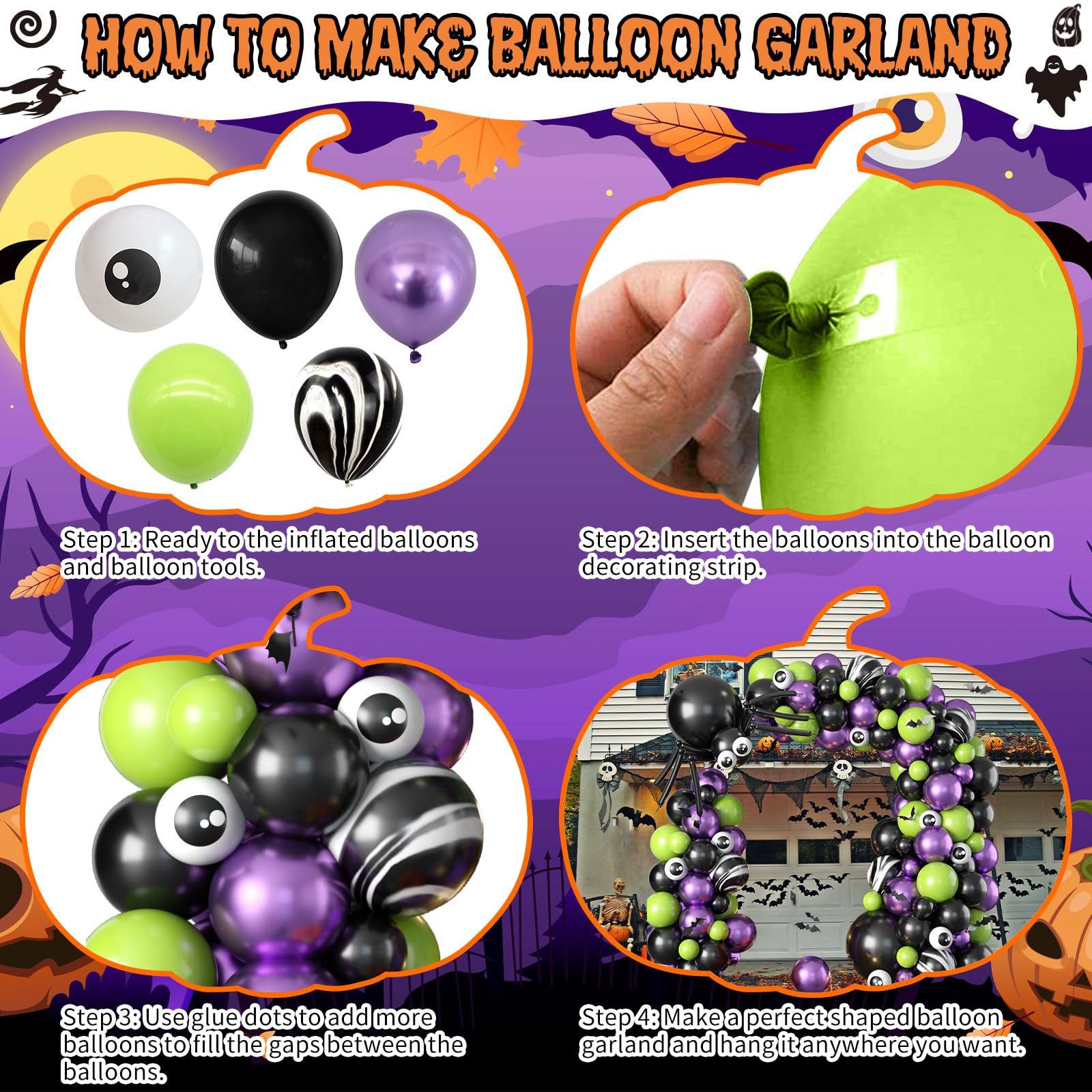 Halloween Balloons Garland Arch Kit Black Purple Green Lime Fruit Green Latex Balloon Metallic Purple Agate Black Long Balloons White Eye Balloons for Halloween Spider Party Decorations