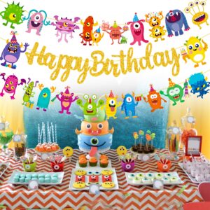 Monster Happy Birthday Banner Monster Bash Birthday Party Supplies Glitter Little Monster Birthday Banner Decorations for Kids Little Monster Theme Birthday Party Baby Shower Birthday Banner Supplies