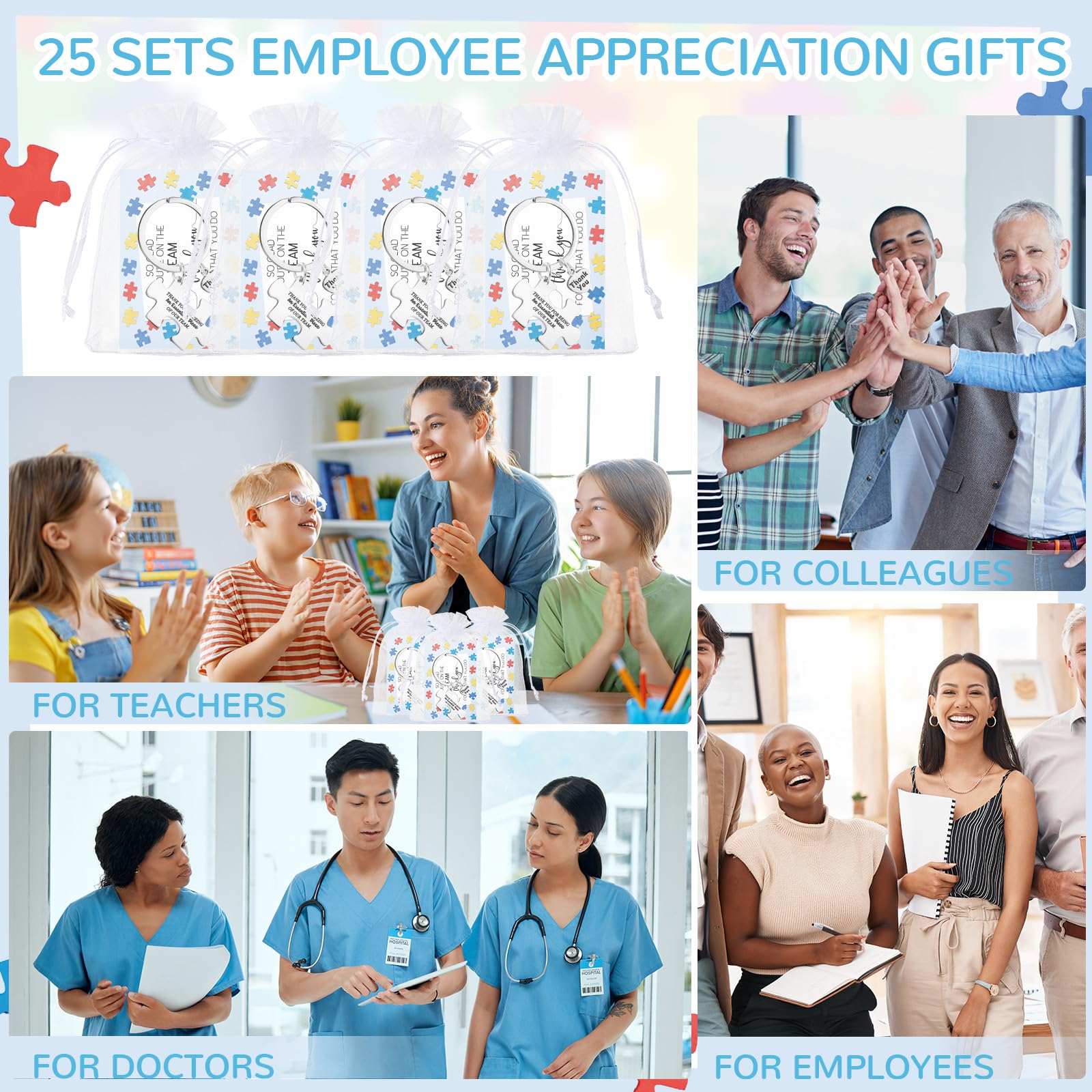 Sasylvia 25 Set Team Gifts for Coworker Puzzle Inspirational Keychain Thank You Cards Staff Employees Appreciation Gifts