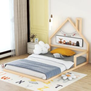 floor bed for kids, full size montessori bed with house shape headboard and railings, wood house bed with slats for boys girls, low to ground height, no box spring needed, natural