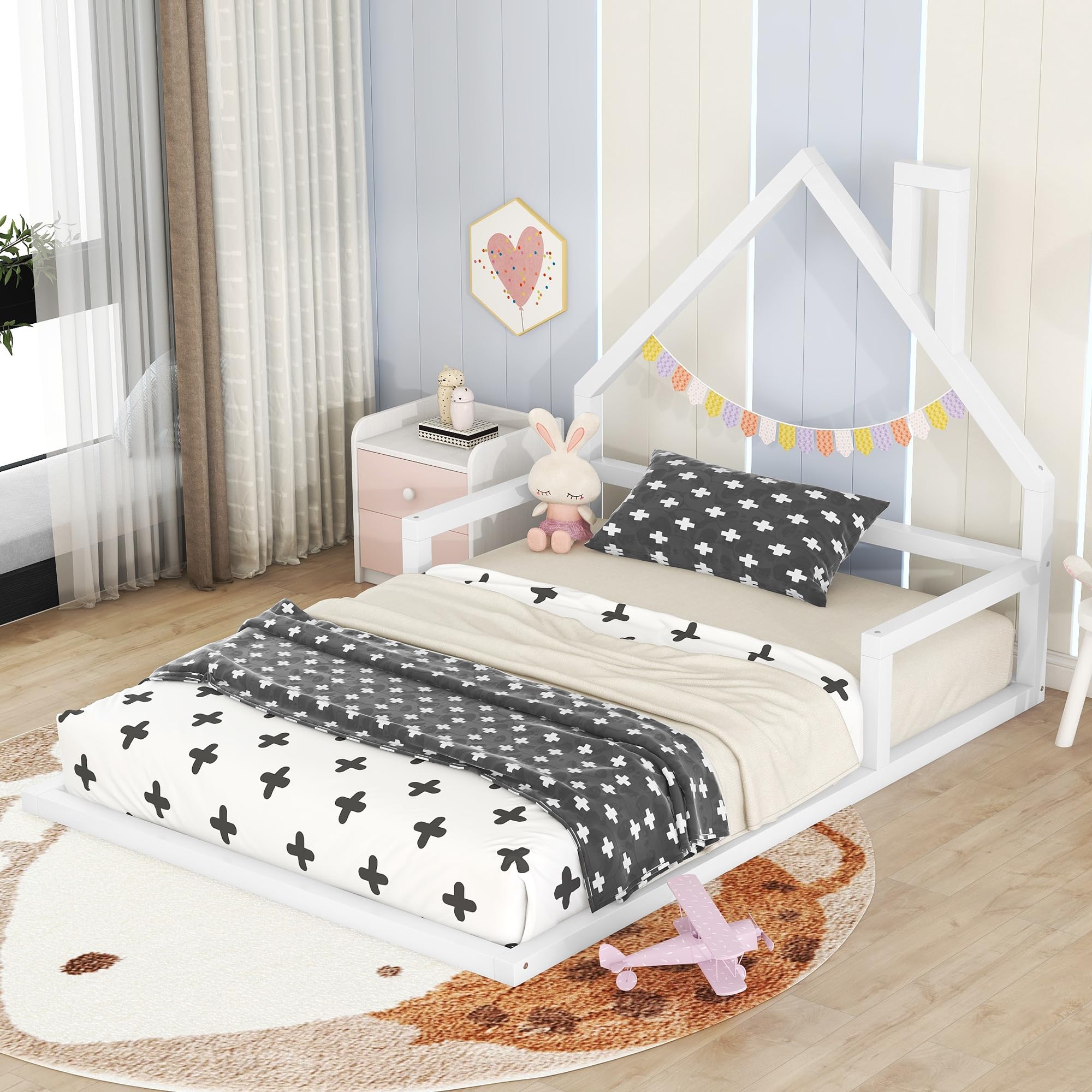 Floor Bed for Kids, Full Size Montessori Bed with House Shape Headboard and Railings, Wood House Bed with Slats for Boys Girls, Low to Ground Height, No Box Spring Needed, White