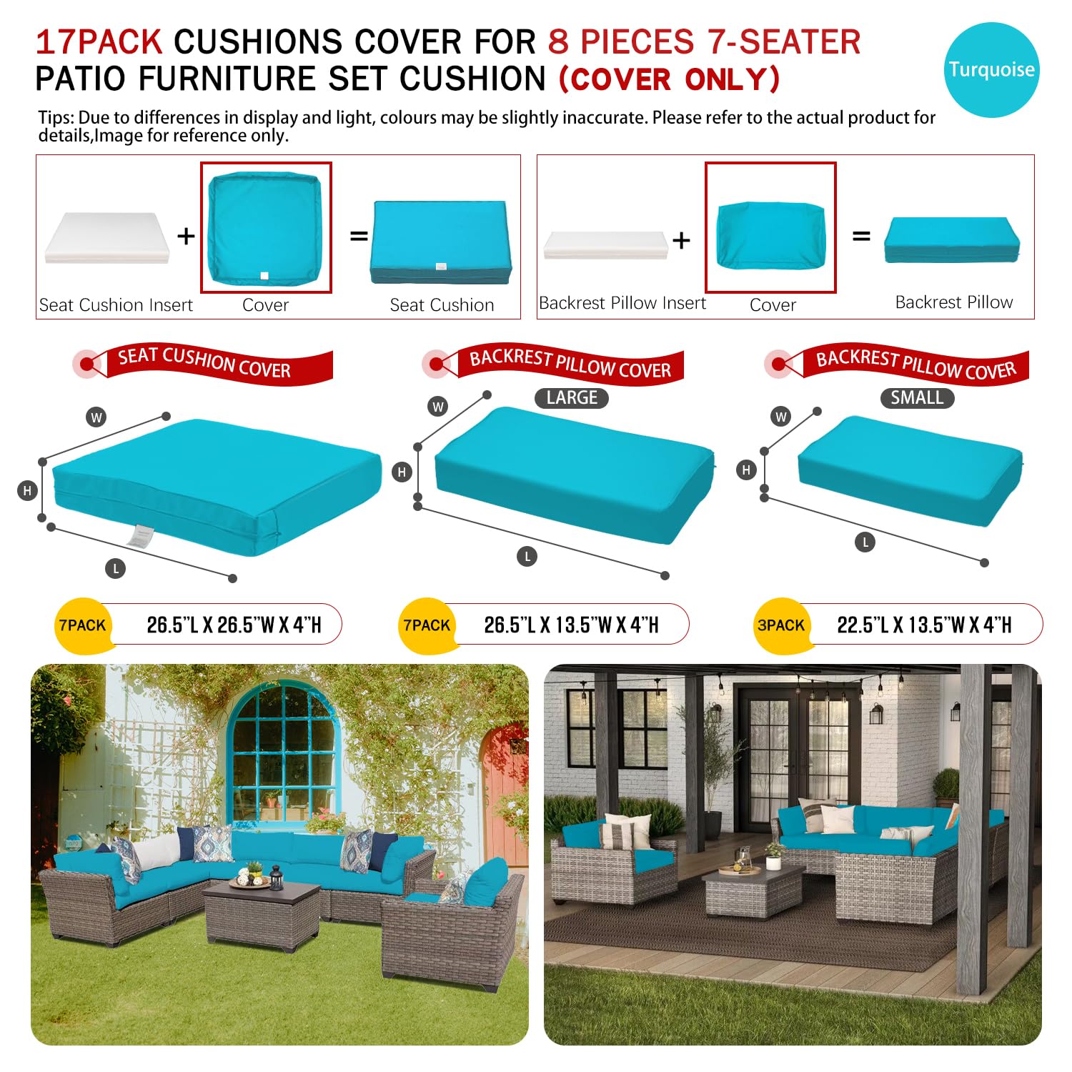 ClawsCover 17Pack Outdoor Seat and Back Cushions Replacement Covers Fit for 8 Pieces 7-Seater Wicker Rattan Patio Furniture Conversation Set Sectional Couch,Turquoise-Include Cover Only