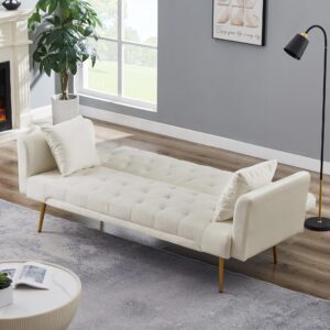 Anwickhomk 72" Velvet Futon Sofa Bed,Convertible Folding Sleeper Couch Bed,Modern Tufted Recliner Loveseat with Golden Chrome Legs for Small Living Spaces,Bedroom Dorms Office (Beige+Pillows)