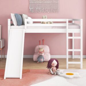 harper & bright designs full size loft bed with slide, solid wood low loft bed frame for kids girls boys, easy assembly (white)