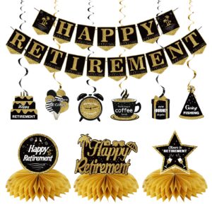 happy retirement party decorations kit for women men, black gold retirement banner honeycomb centerpieces swirls party supplies, retirement banner ceiling table topper swirls for indoor outdoor