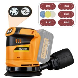 ironfist brushless random orbital sander for dewalt battery, cordless max 13500rpm 6 speeds, 5” electric sander with dust collector 23pcs accessories (battery not included)