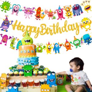 Monster Happy Birthday Banner Monster Bash Birthday Party Supplies Glitter Little Monster Birthday Banner Decorations for Kids Little Monster Theme Birthday Party Baby Shower Birthday Banner Supplies