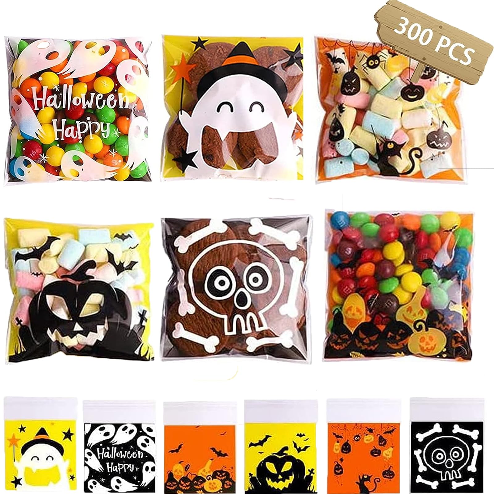 YVPSI 300pcs Halloween Treat Bags self Adhesive Candy Bag Halloween Cellophane Cookie Bags Halloween Goody Bags Snacks Gift Bags for Kids Halloween Candy Party Favors