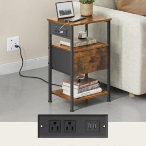 VASAGLE Nightstand with Charging Station, Night Stand, Side Table with 1 Drawer and 2 Open Shelves, Fabric Drawers with MDF Front, End Table, Rustic Brown and Classic Black ULGS026K01