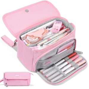 sooez super large pencil case, big capacity pencil bag with 3 compartments, hold 200 pencils, cute pencil pouch with zipper, portable stationery pen bag, aesthetic school supplies for girls, pink