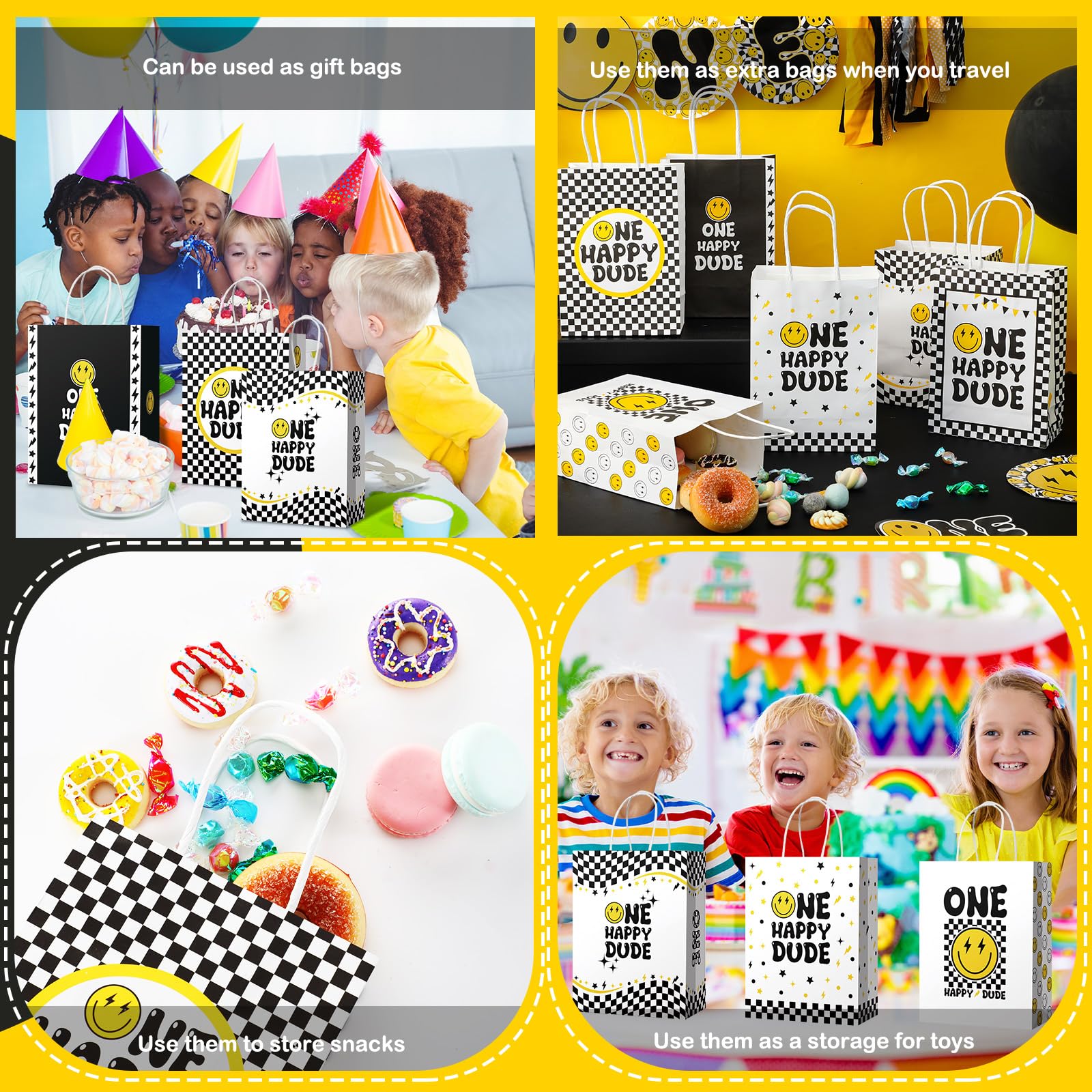 Yeaqee 24 Pcs One Happy Dude Party Favor Bags 1st Birthday Party Decoration Smile Face Paper Gift Bags One Happy Dude Goodie Treat Candy Bag for One Happy Dude Birthday Party Supplies(Handles Style)