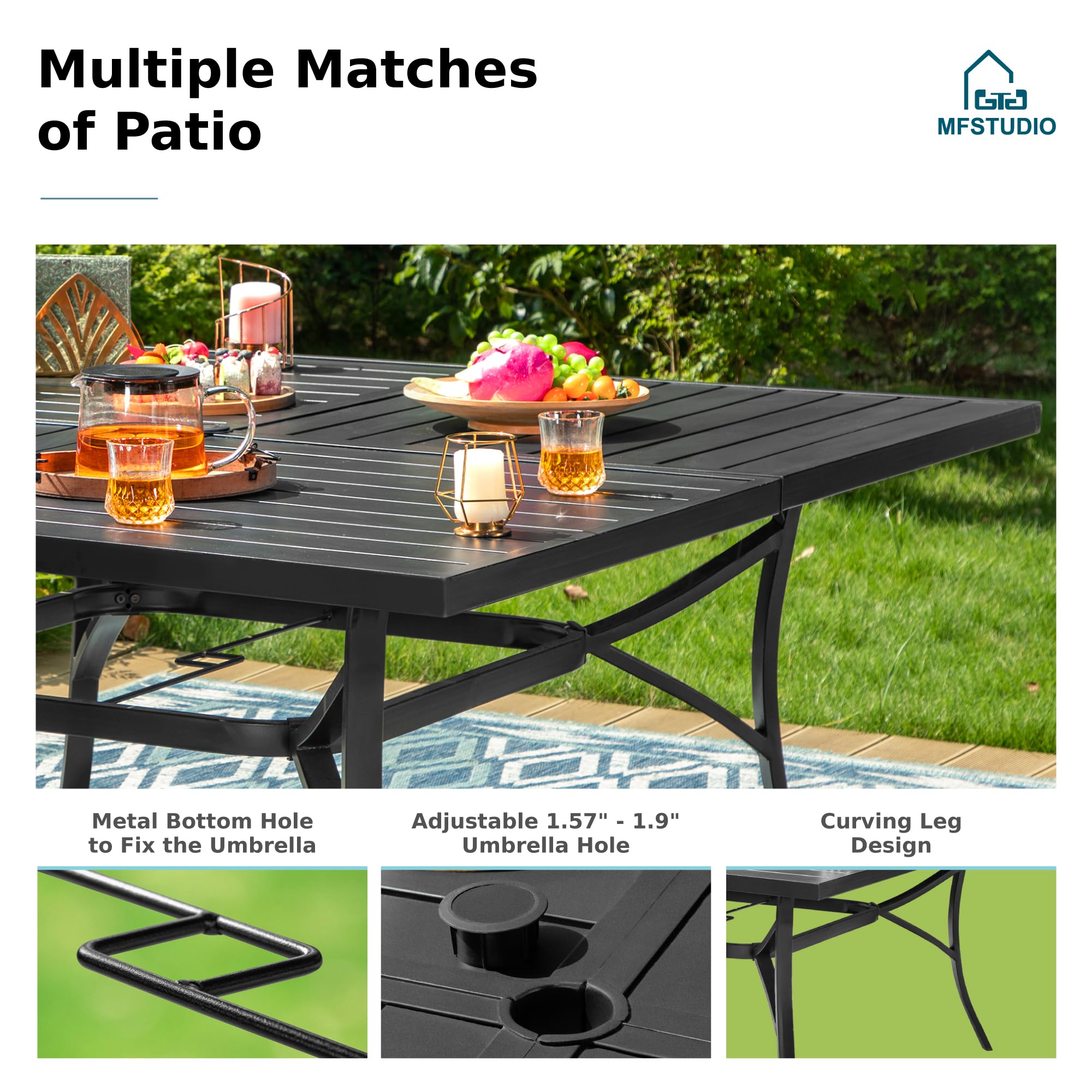 MFSTUDIO 9 PCS Patio Dining Set with Large Square Metal Slat Dining Table and 8 Swivel Metal Chair with Cushion, All Weather Outdoor Furniture for Lawn Backyard Garden