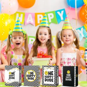 Yeaqee 24 Pcs One Happy Dude Party Favor Bags 1st Birthday Party Decoration Smile Face Paper Gift Bags One Happy Dude Goodie Treat Candy Bag for One Happy Dude Birthday Party Supplies(Handles Style)