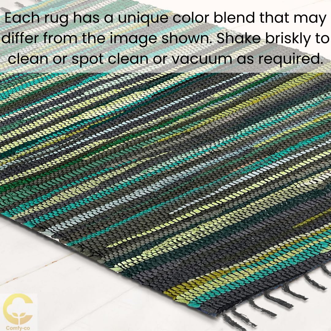 Comfy-co Handcrafted Area Rug Chindi Rug 3x5 ft - Hand-Woven Cotton Area Rag Rug - Reversible Floor Rug for Bedroom Living Room Kitchen Dorm Entryway Hallway - Chindi Area Rug Green Multi