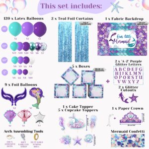 248 Pieces Little Mermaid Birthday Decorations Kit, All-in-1 Girl's Party Decor Package With Mermaid Tail Balloon Garland, Foil Curtains, Fabric Backdrop, Princess Crown - Purple, Teal