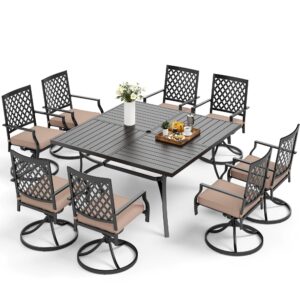 mfstudio 9 pcs patio dining set with large square metal slat dining table and 8 swivel metal chair with cushion, all weather outdoor furniture for lawn backyard garden